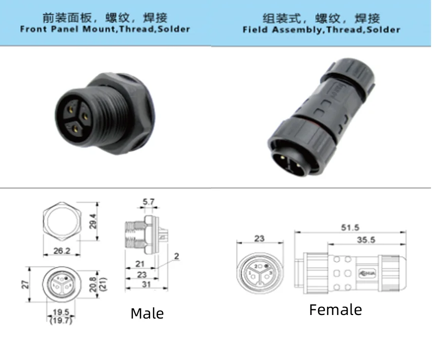 Assembly Led Connector Male Female Plug Cable Connector Panel Mount ...