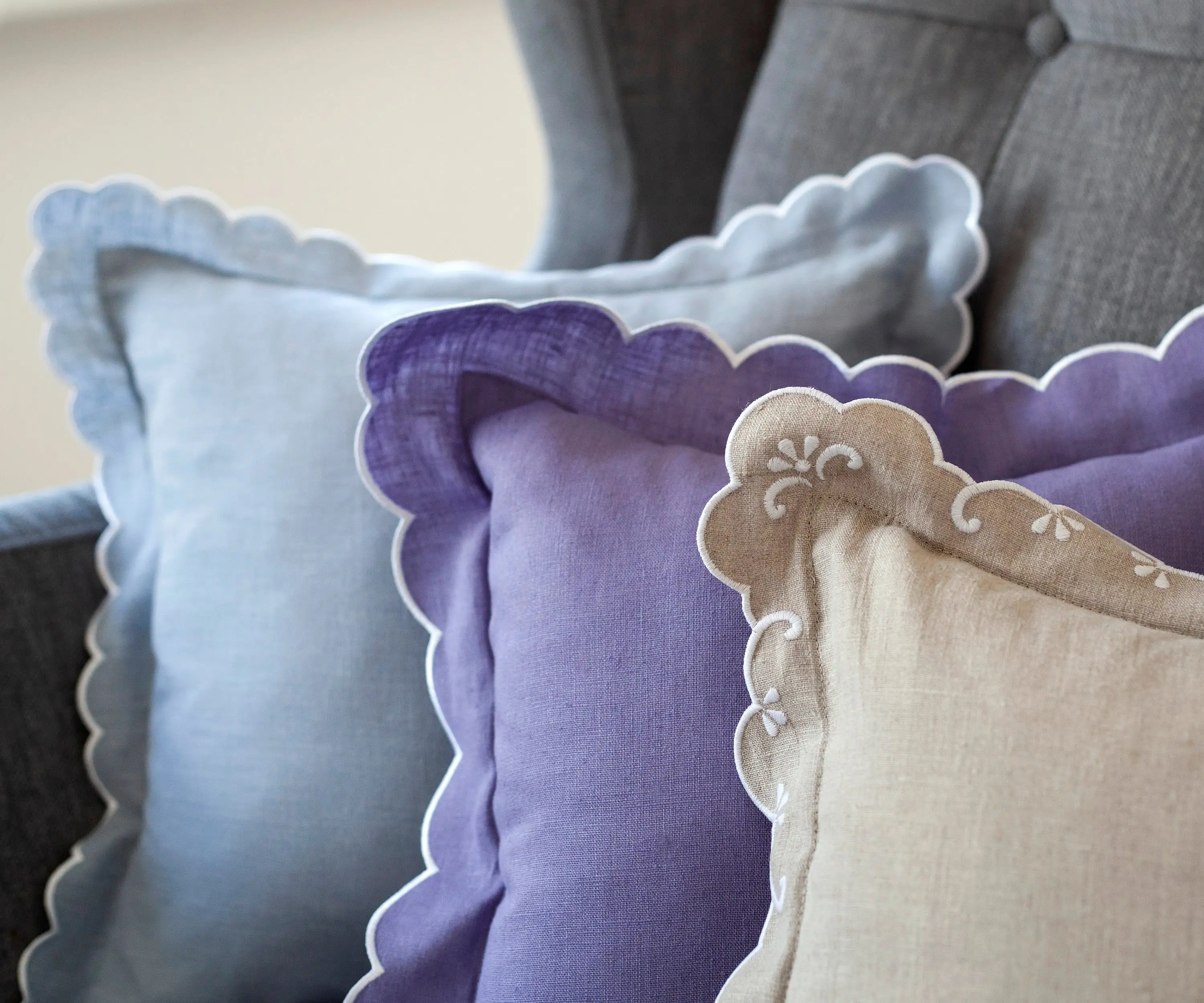 French 100% Linen Scalloped Piping Pillowcase - Customizable