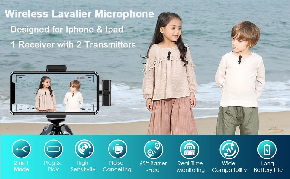 High Quality Wireless Lavalier Mini Microphone 2-in-1 Clip Noise ...