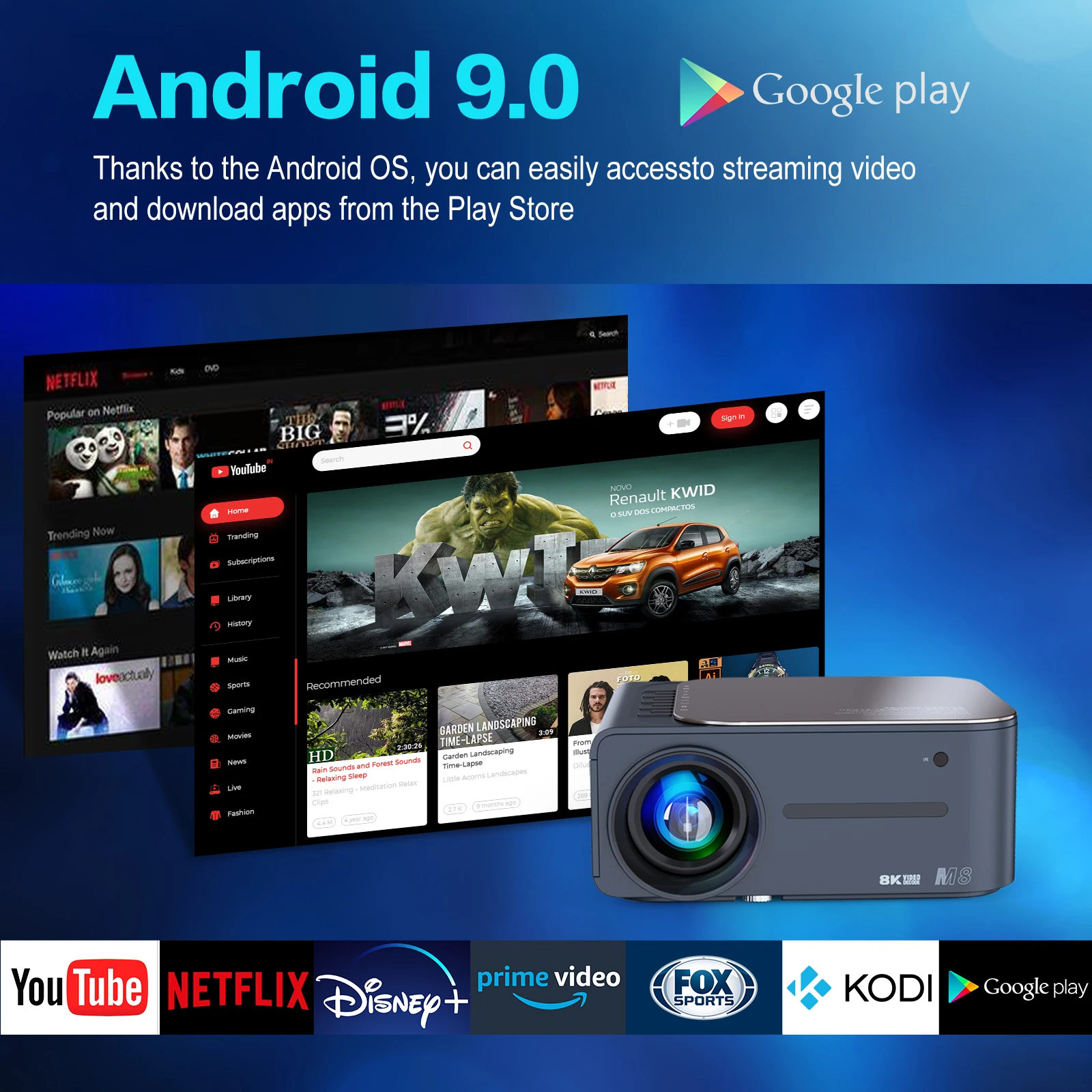 Projector 1080P HD M8 Smart LCD Cinema Projector Android 9