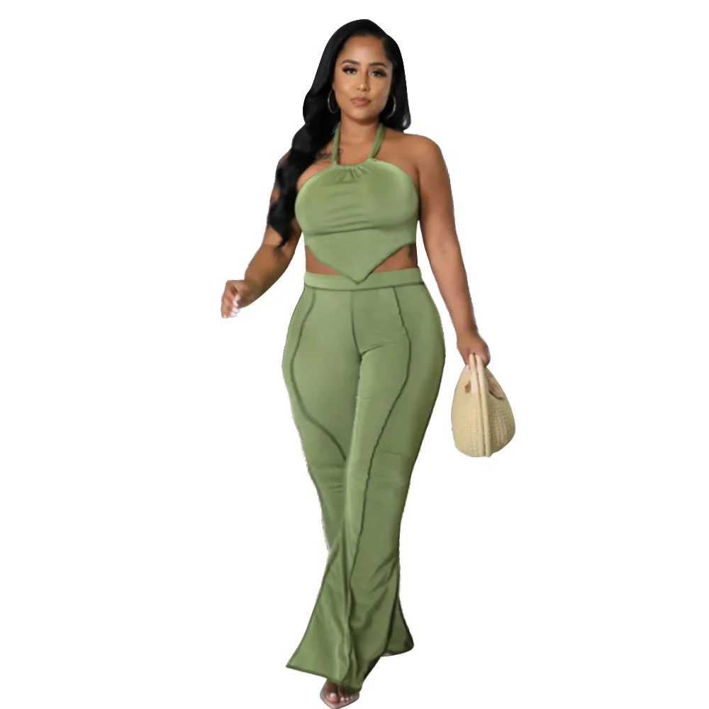 Best Seller Solid Color Sexy Two Piece Sets Summer Women Sleeveless Halter Backless Top 5xl 2 ...