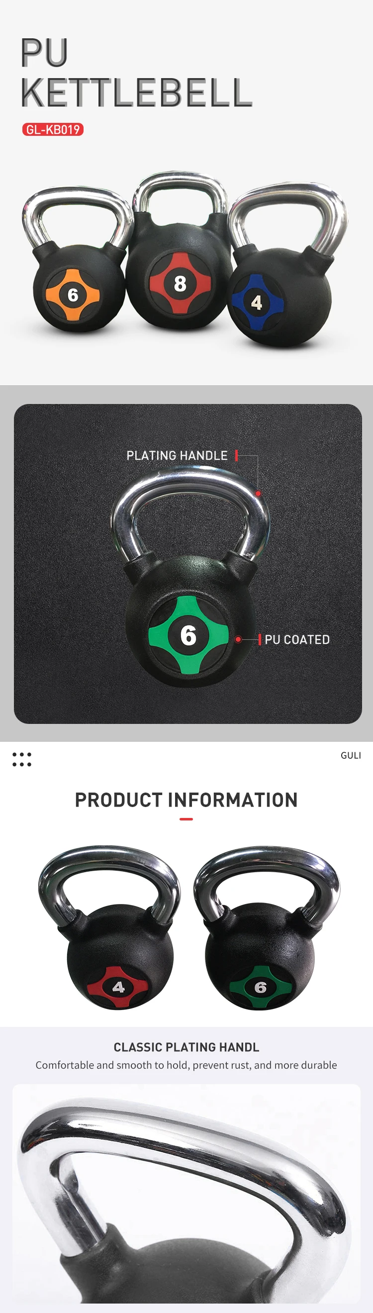 Custom Logo 4KG-48KG LB PU Coated Chrome Handle Kettlebells