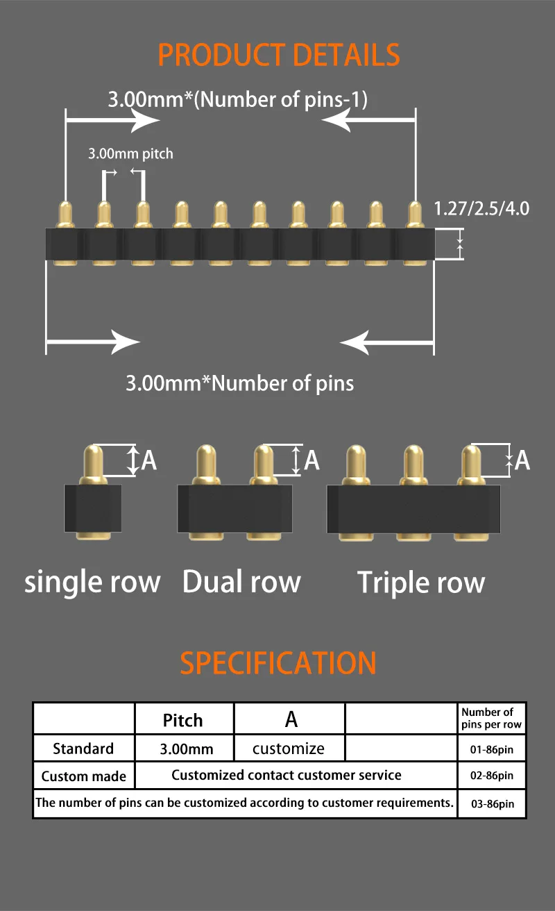 Denentech Gold Plated Pogo Pin 3mm Male H4.0mm Dual Row Straight Smt Pogo Pin Connector For ...