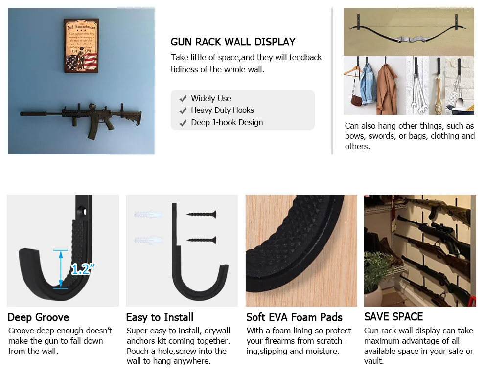 2 Pack Gun Rack And Gun Hooks Metal Wall Mount Storage Hooks Bow ...