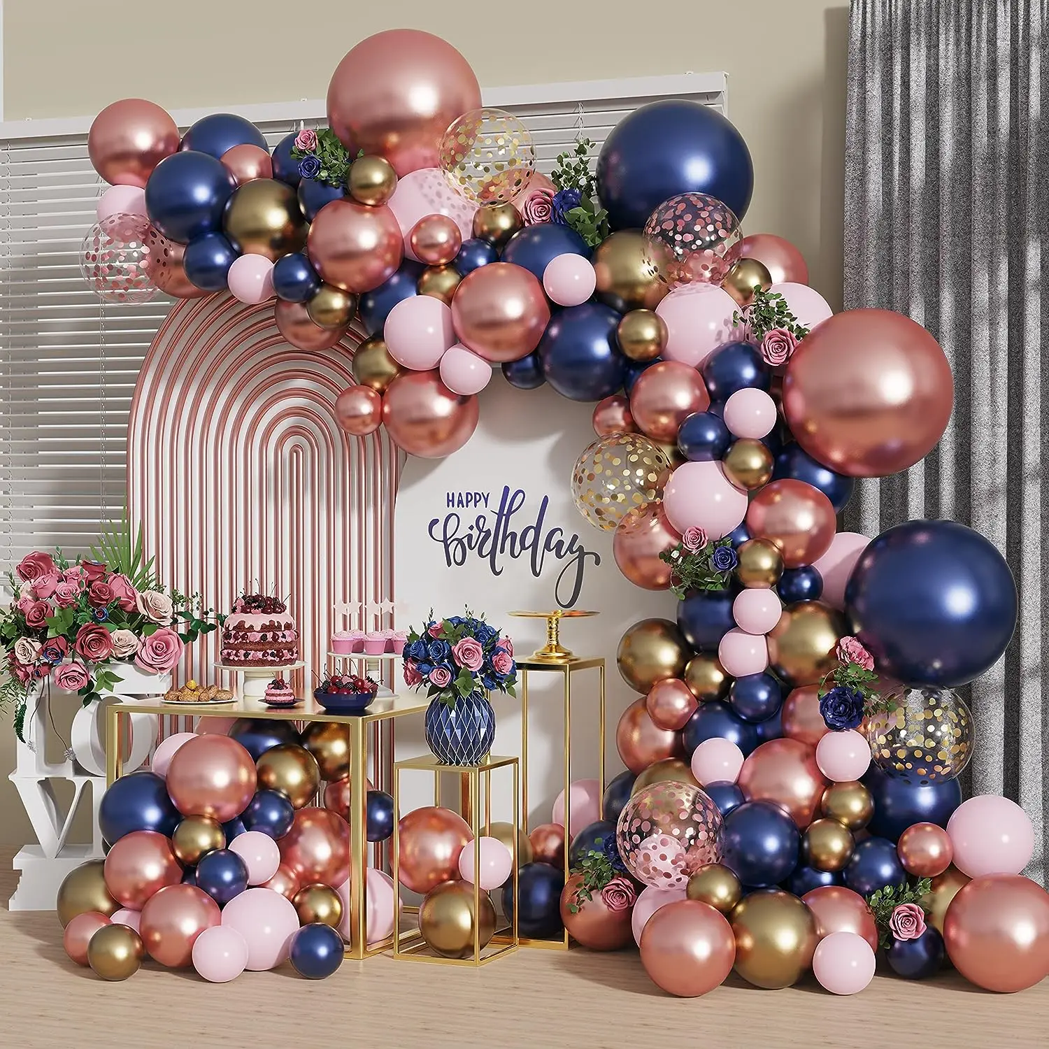 Navy Blue Rose Gold Balloon Garland Arch Kit For Gender Reveal Birthday ...