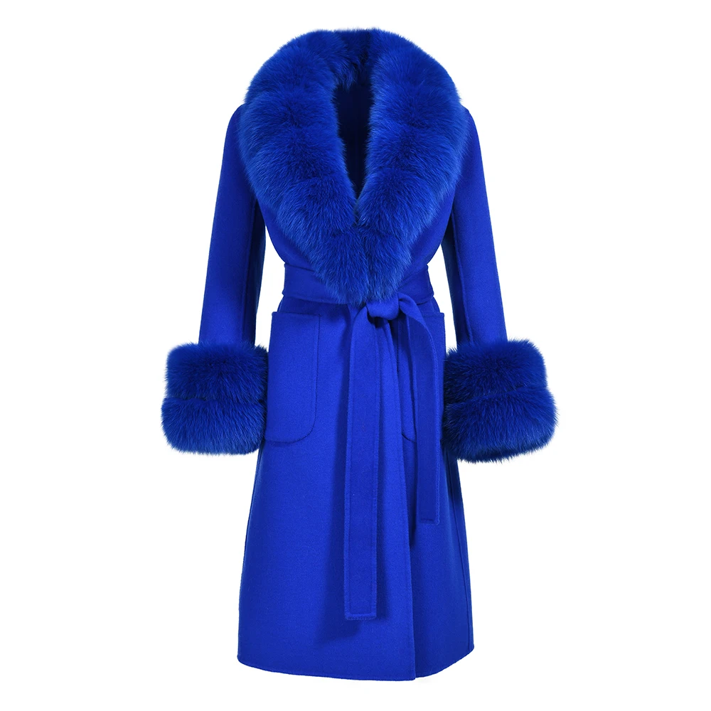 Elegant Long Style Fashion Luxury Big Fox Fur Collar Wool Coat Trench ...