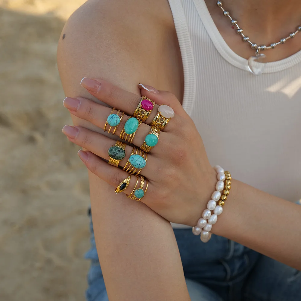 INS Rings PVD 18K Gold Plated Stainless Steel Natural Blue Stone Open ...