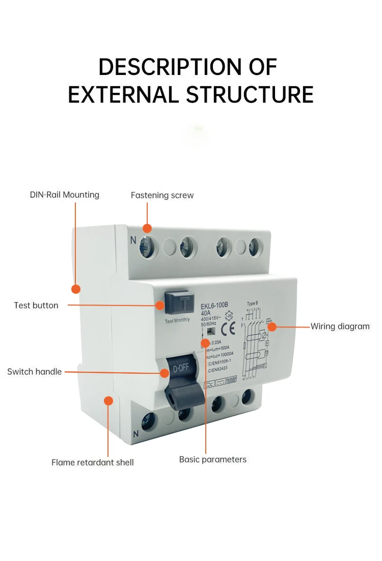 Etek Type B Earth Leakage Circuit Breakers Rccb Rcd Din Rail Ekl6-100b 4p 16a 25a 32a 40a 63a ...