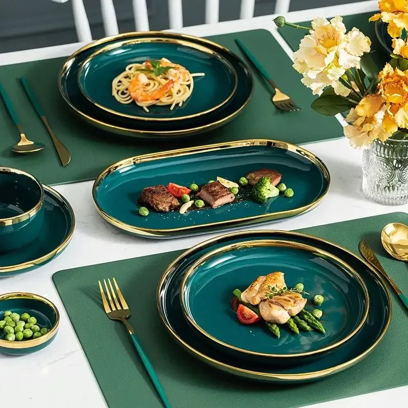 Ceramic Dinner Plates Dinnerware Set Dishes Luxury Green Food Salad ...