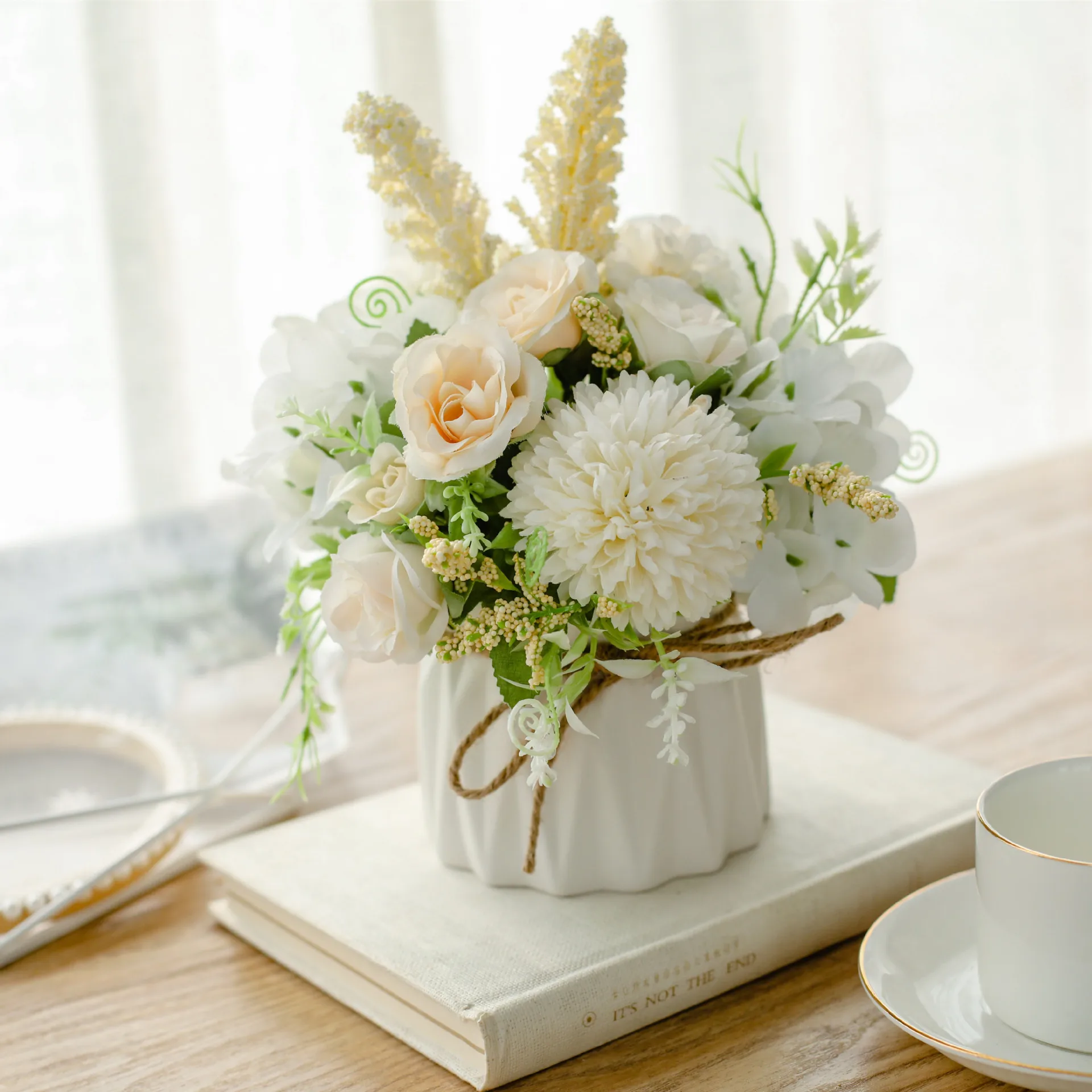 Nordic Artificial Flower Set Ceramic Hemp Rope Vase Rose Artificial ...