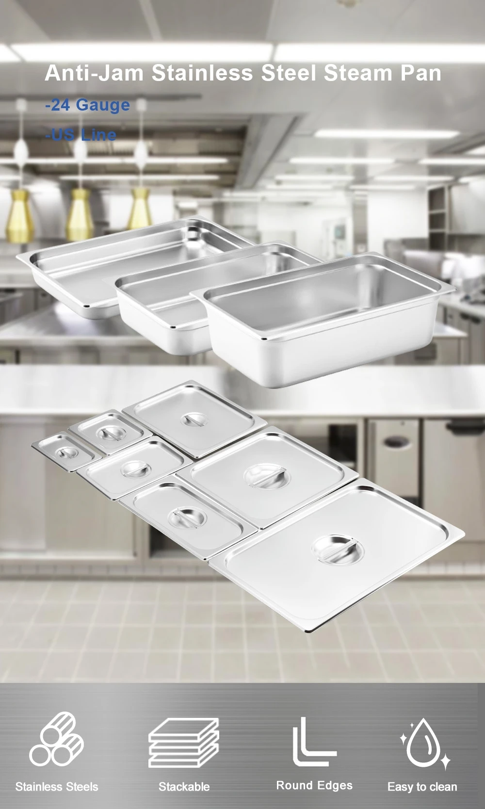 High Quality 1/1 65mm Deep Stainless Steel Anti-jam Steam Pan Food Pan ...