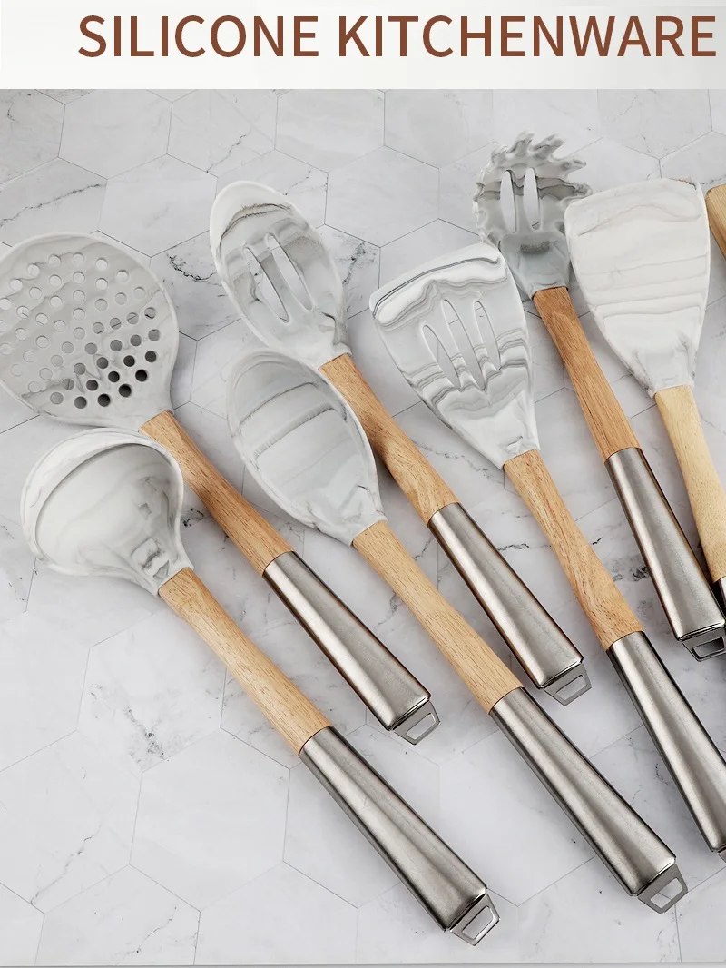 Durable Quality Marble Silicone Cooking Set With Wooden Stainless Steel ...