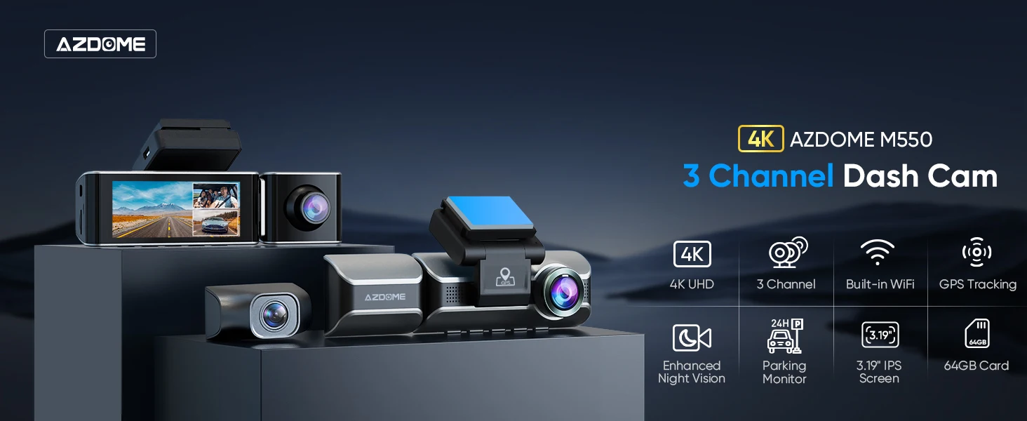 AZDOME M550-3CH 3 Camera 4K Car DVR with GPS and Night Vision