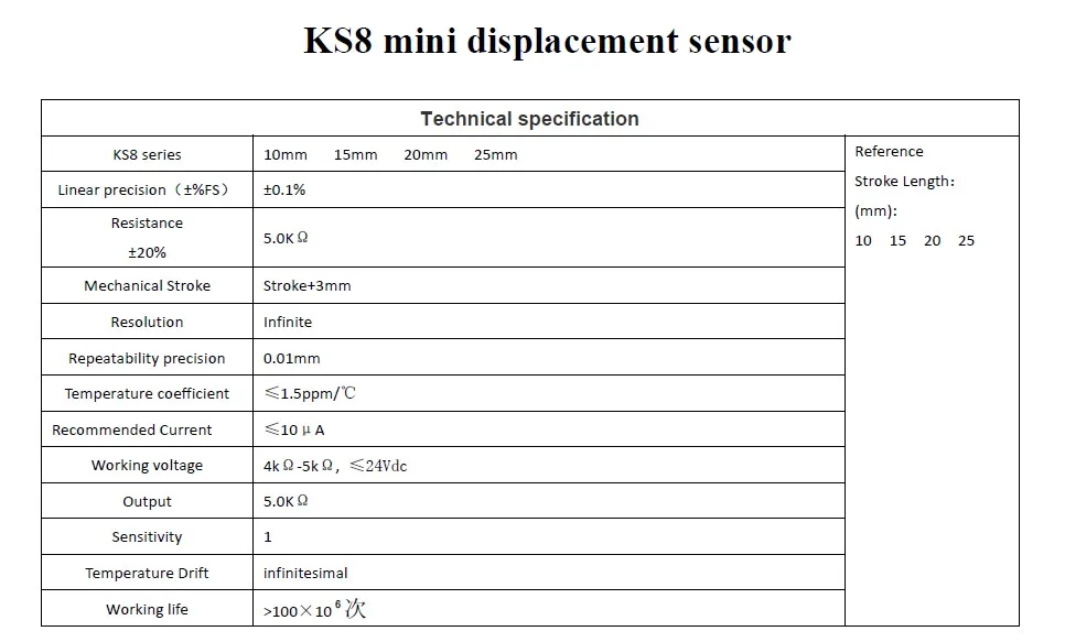 High Accuracy Mini Linear Displacement Sensor Ks8 10mm 15mm 20mm 25mm ...