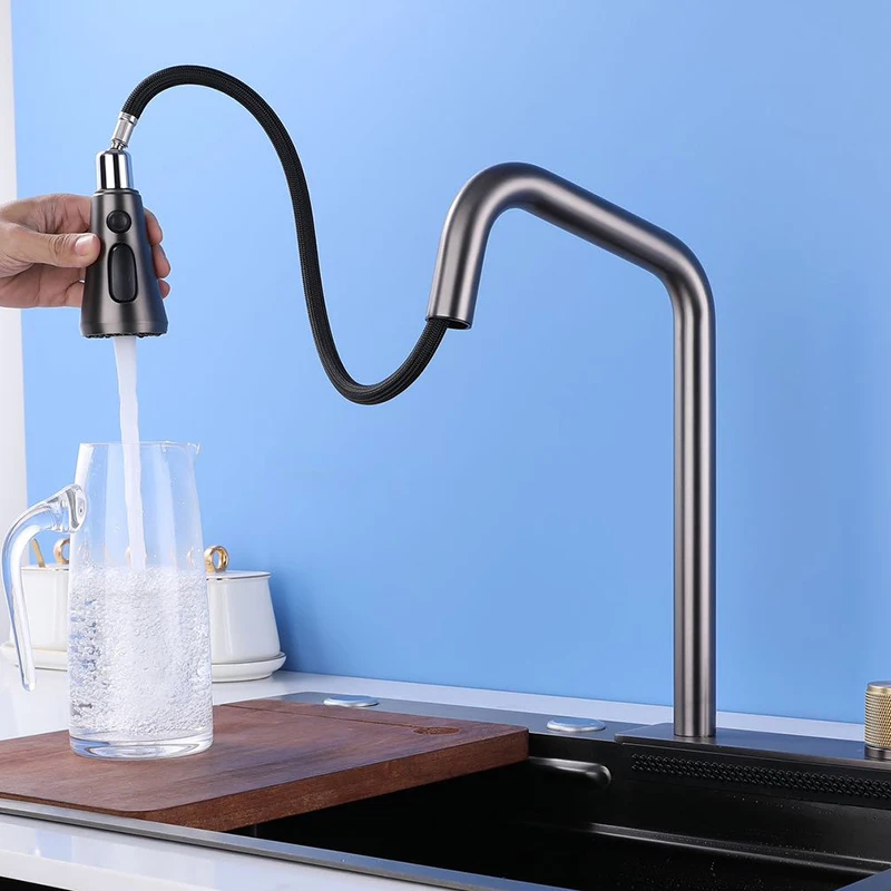 OUBAO Modern Luxury Square Kitchen Faucet Sink Gun Grey Fly Rain Pull ...