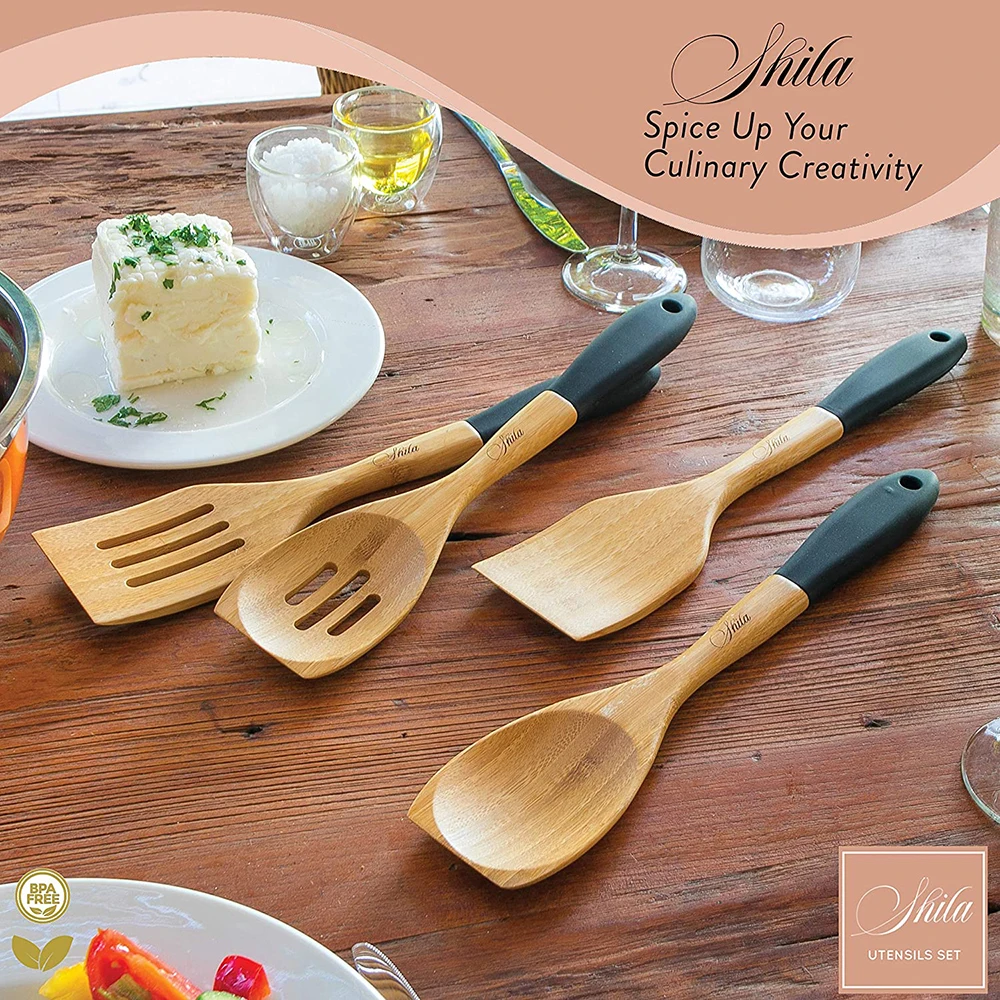 Kitchen Eco-friendly Bamboo Wooden Spatula & Spoon Set Utensil Set With ...
