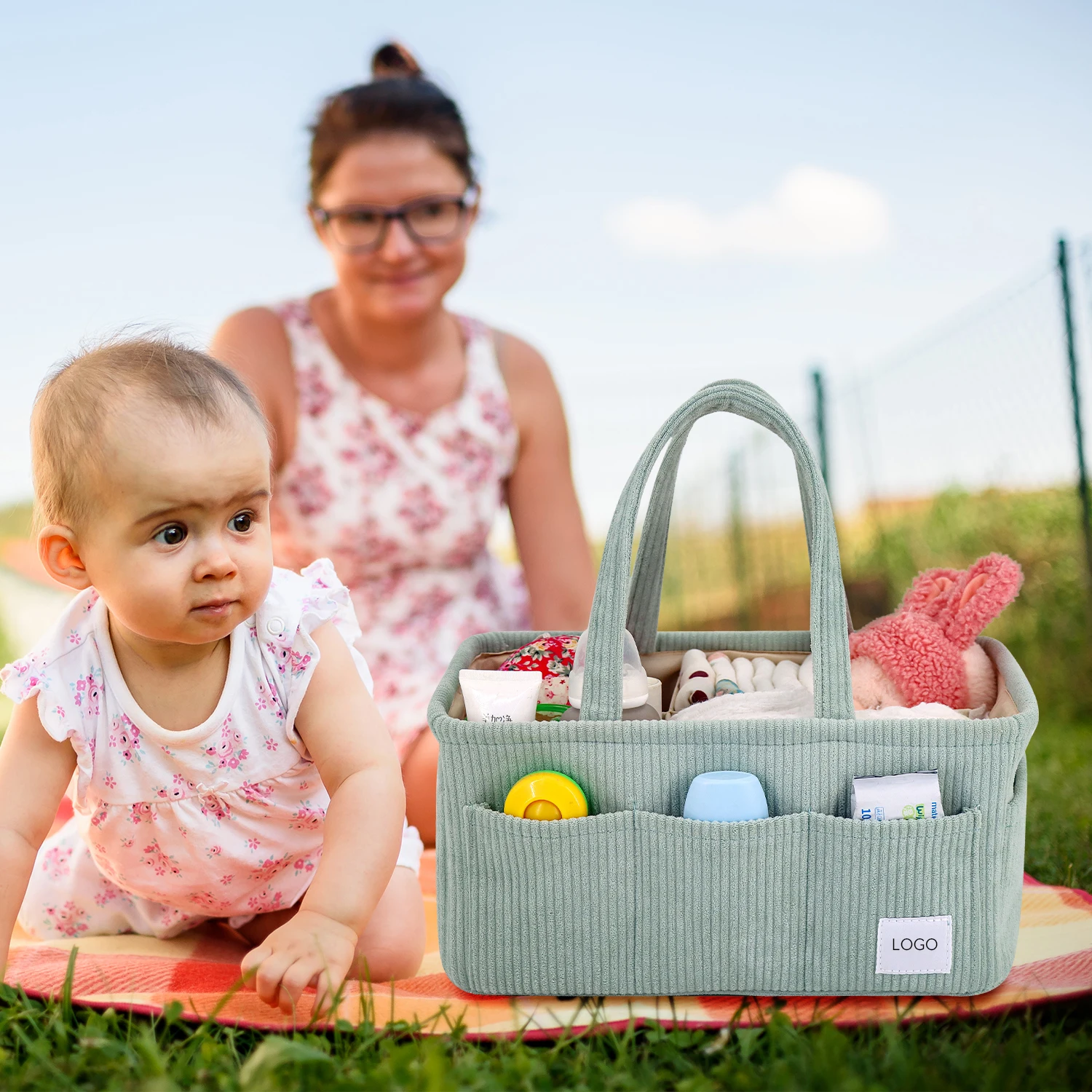 Custom Logo Pattern Pink Corduroy Fabric Nappy Diaper Caddy Nursery ...