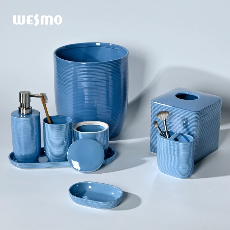 Blue Ceramic Bathroom Kit - Elegant Porcelain Accessories