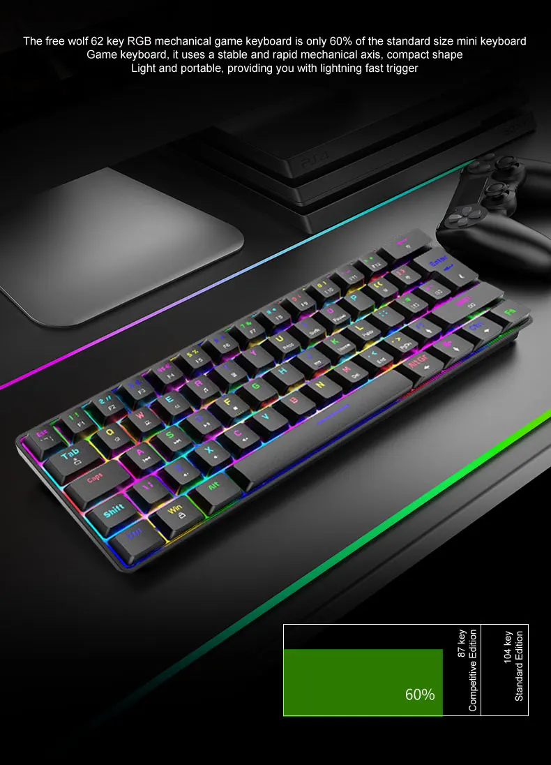 T60 Mechanical Gaming Keyboard 62 Keys USB Type C Wired RGB with 18 ...