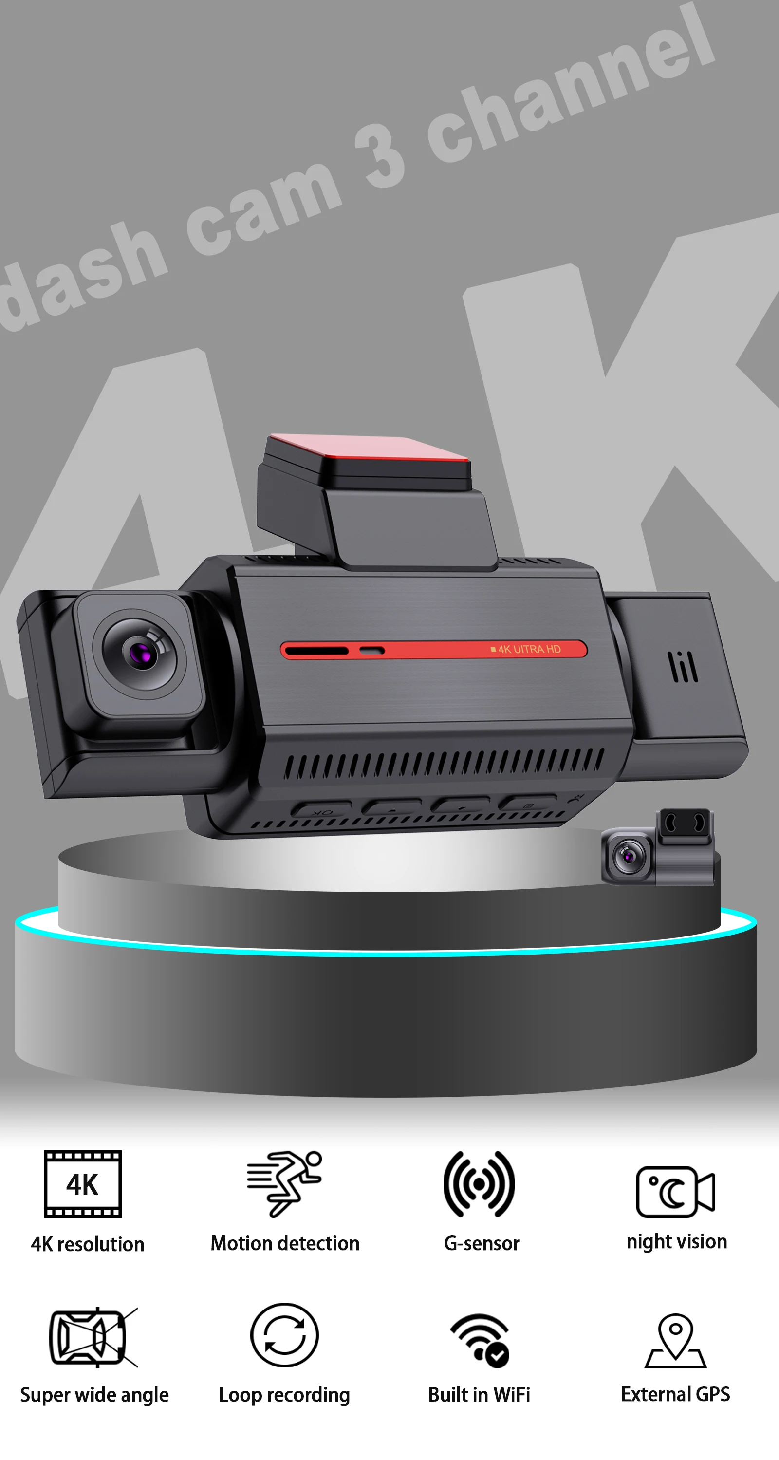 New Car Dvr Mini Wifi Gps 4k Car Black Box 4k 3 Lens Dashcam Front And Rear Inside 4k Wifi Gps ...