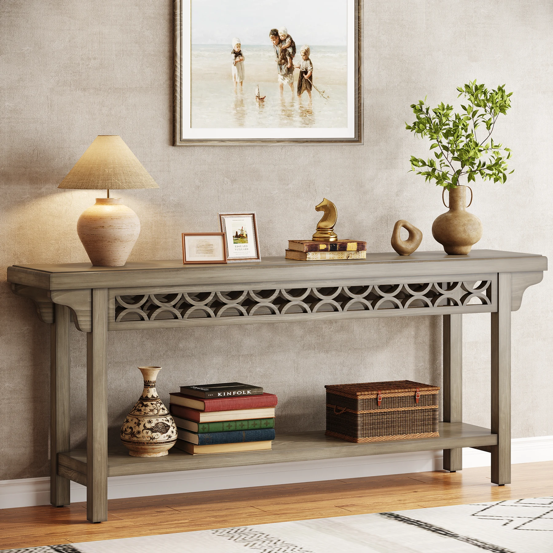 Farmhouse 70.8" Vintage Classic Wood Sofa Table Grey Narrow Console ...