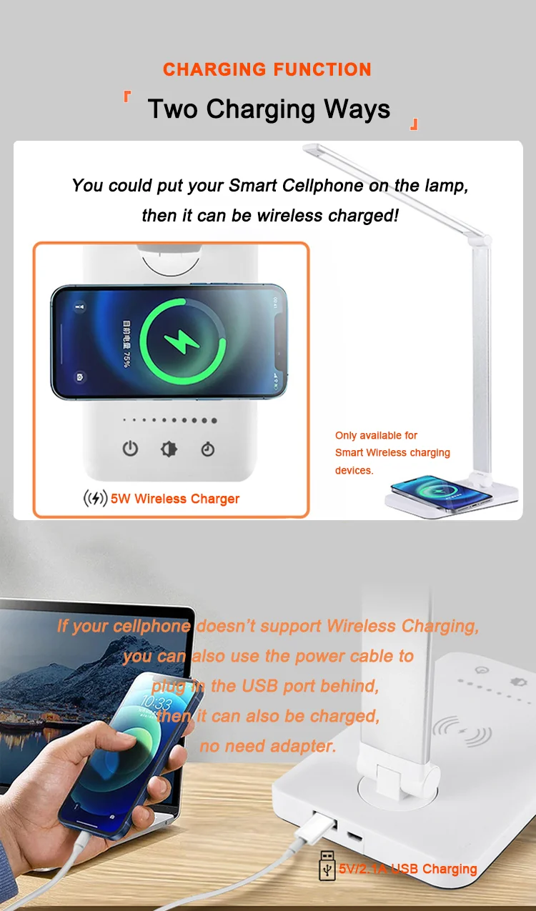 Foldable 10w Wireless Charger LED Desk Lamp with USB Charging Port Eye ...