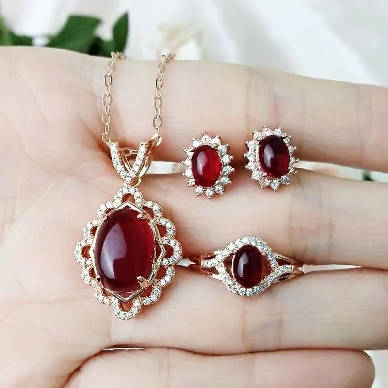 Garnet Hand Jewelry Set Pigeon Blood Red Cobblestone Live Mouth Ring ...