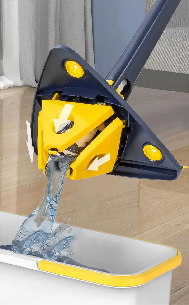 Triangular Flat Mop With Integrated Wiper Strip Steel Pole Hand Twist ...