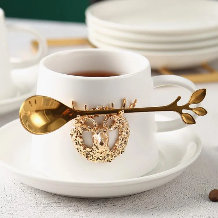 European Coffee Cup Set Matte Porcelain Mug With Gold Reindeer ...