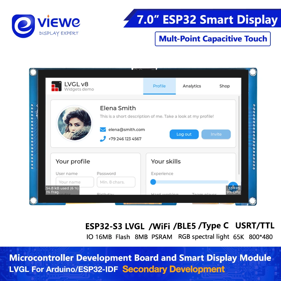 ESP32-S3 7 Inch Touch Display - 800x480 Screen Development Board