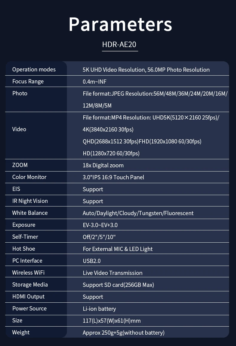 AE20 Night Vision 5K Digital Video Camcorder - UHD Vlog Camcordrer