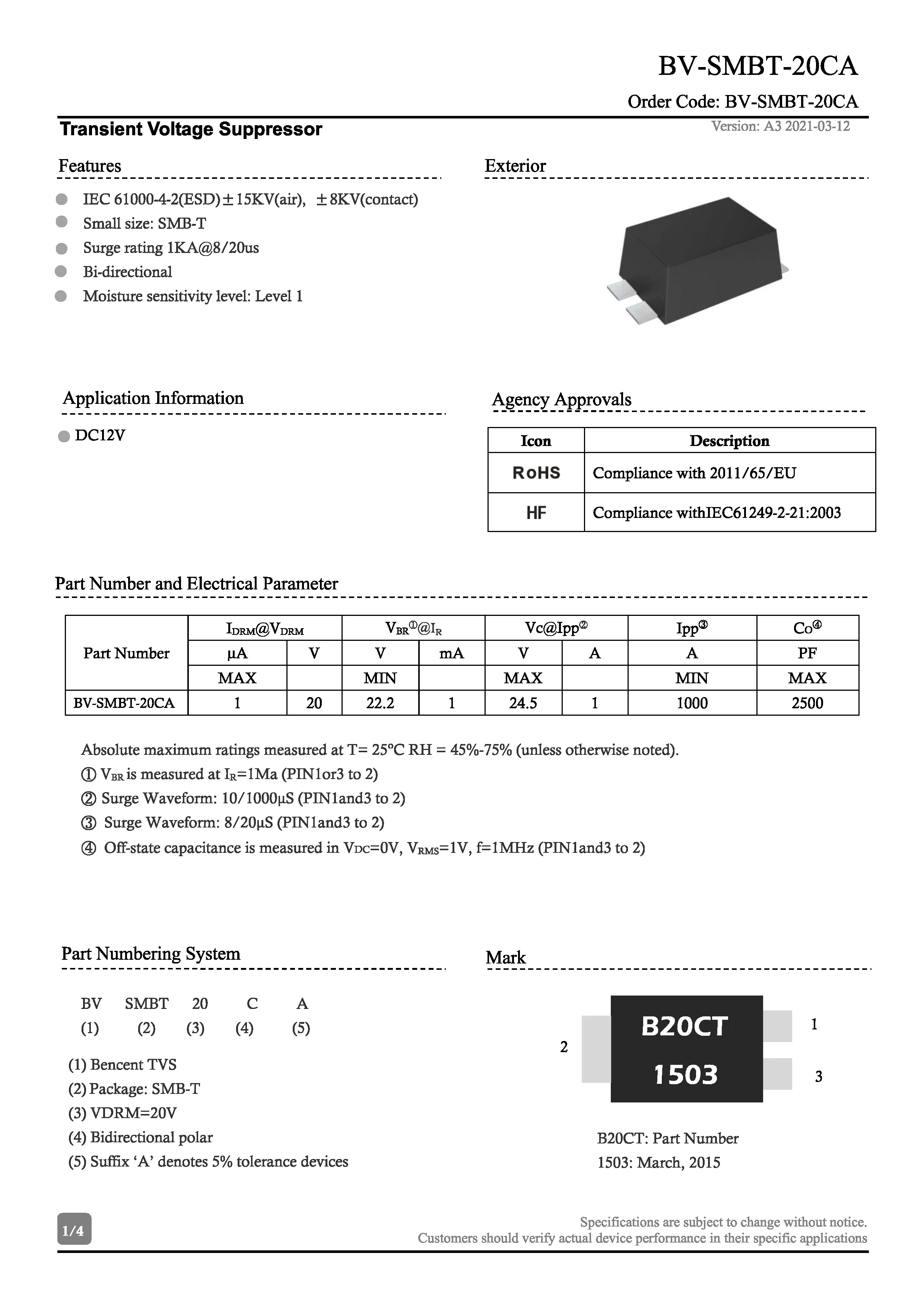 Tvs Transient Voltage Suppressor Bv-smbt-20ca Bi-directional / Quick ...