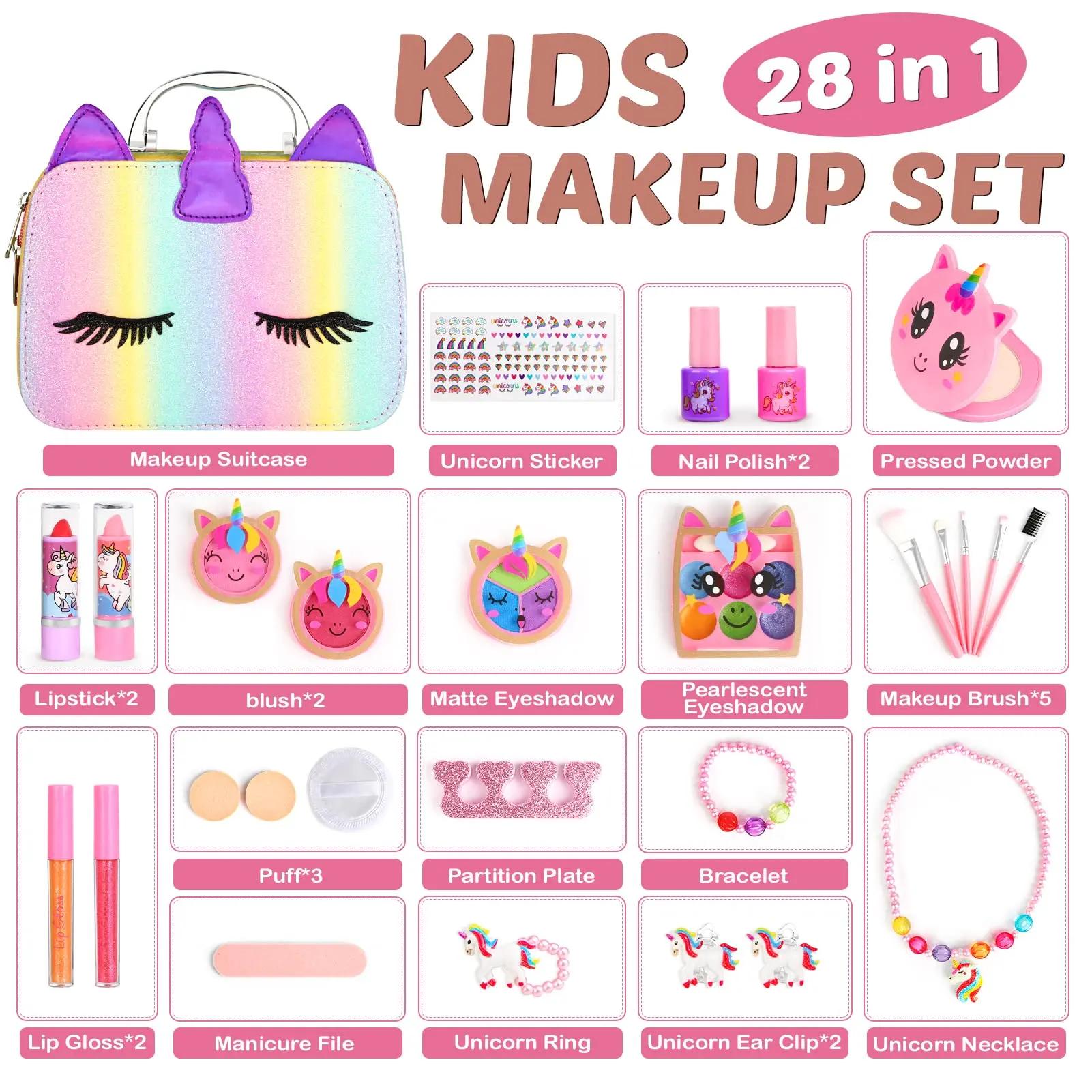 Kids 28 in 1 Real Makeup Set - Washable & Non-toxic