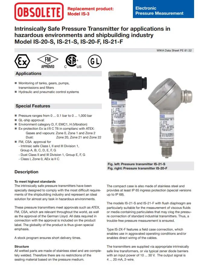 Wika Intrinsically Safe Pressure Transmitter Is-20-s 0-600psi 4-20ma ...