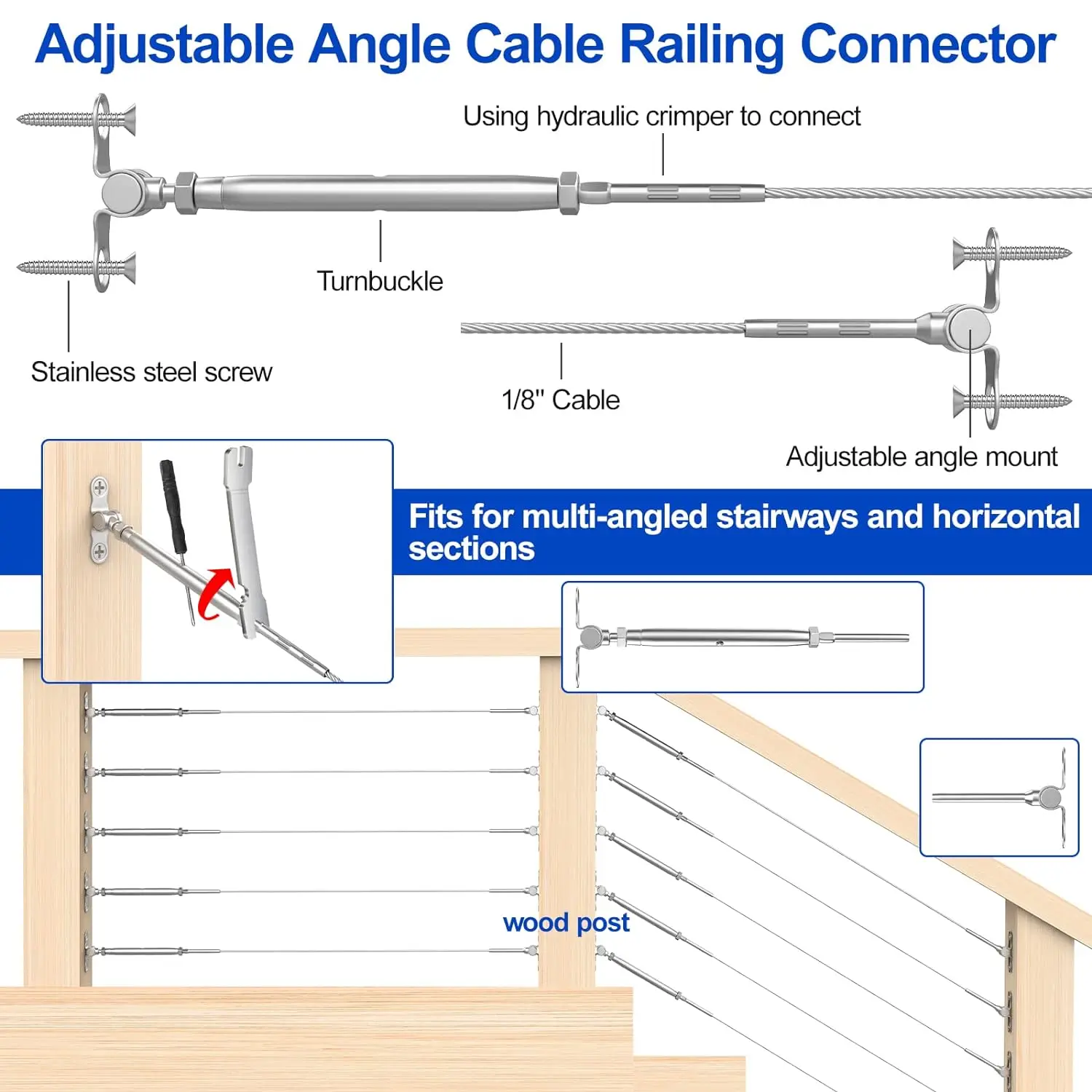 Adjustable Angle Stairs Deck Cable Railing System Swage Toggle ...
