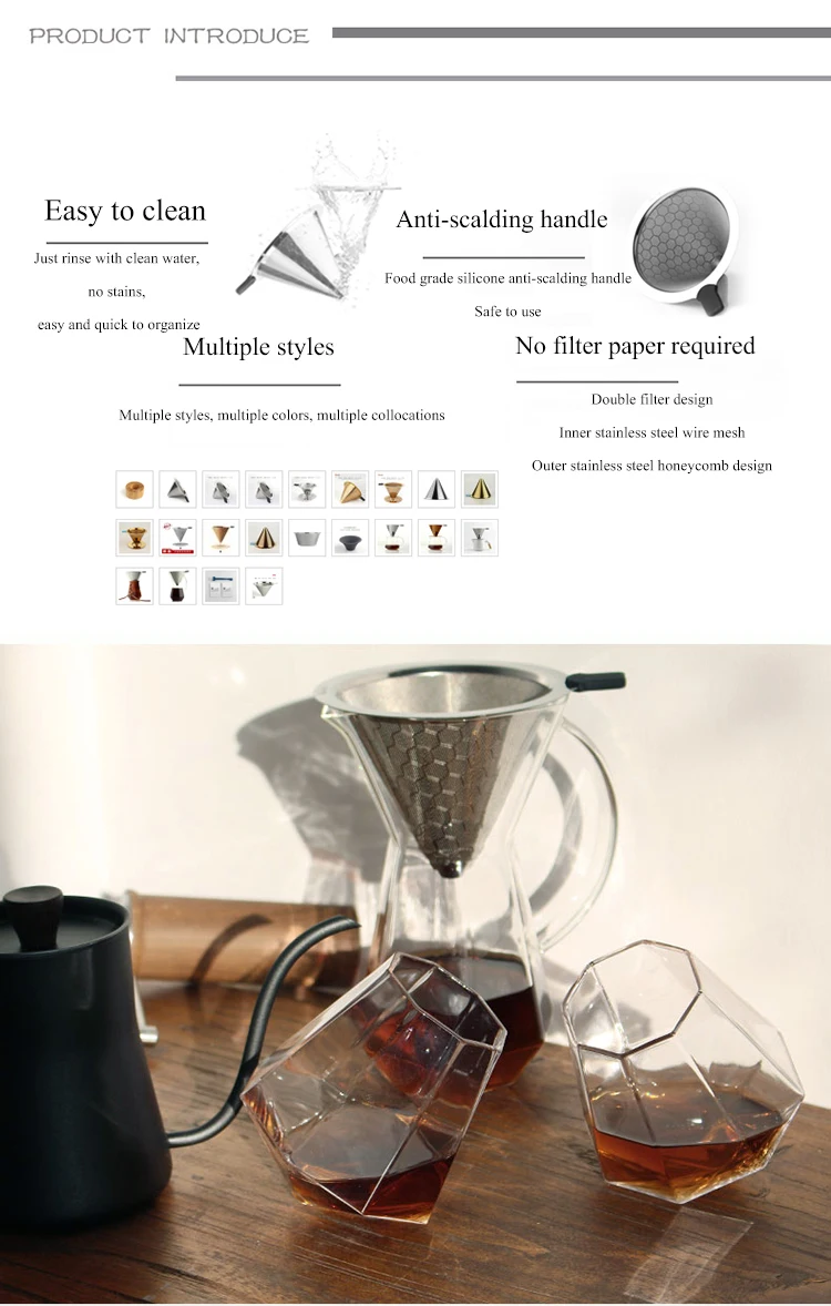 Stainless Steel 304 Pour Over Coffee Dripper Slow Drip Brew Double Mesh ...