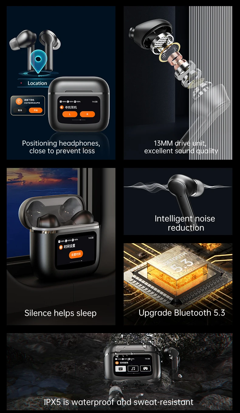 Smart Lcd Screen Gaming Headset Stereo T68 Pro Tws Earbuds Bluetooth 5.3 Earphone Wireless Low ...