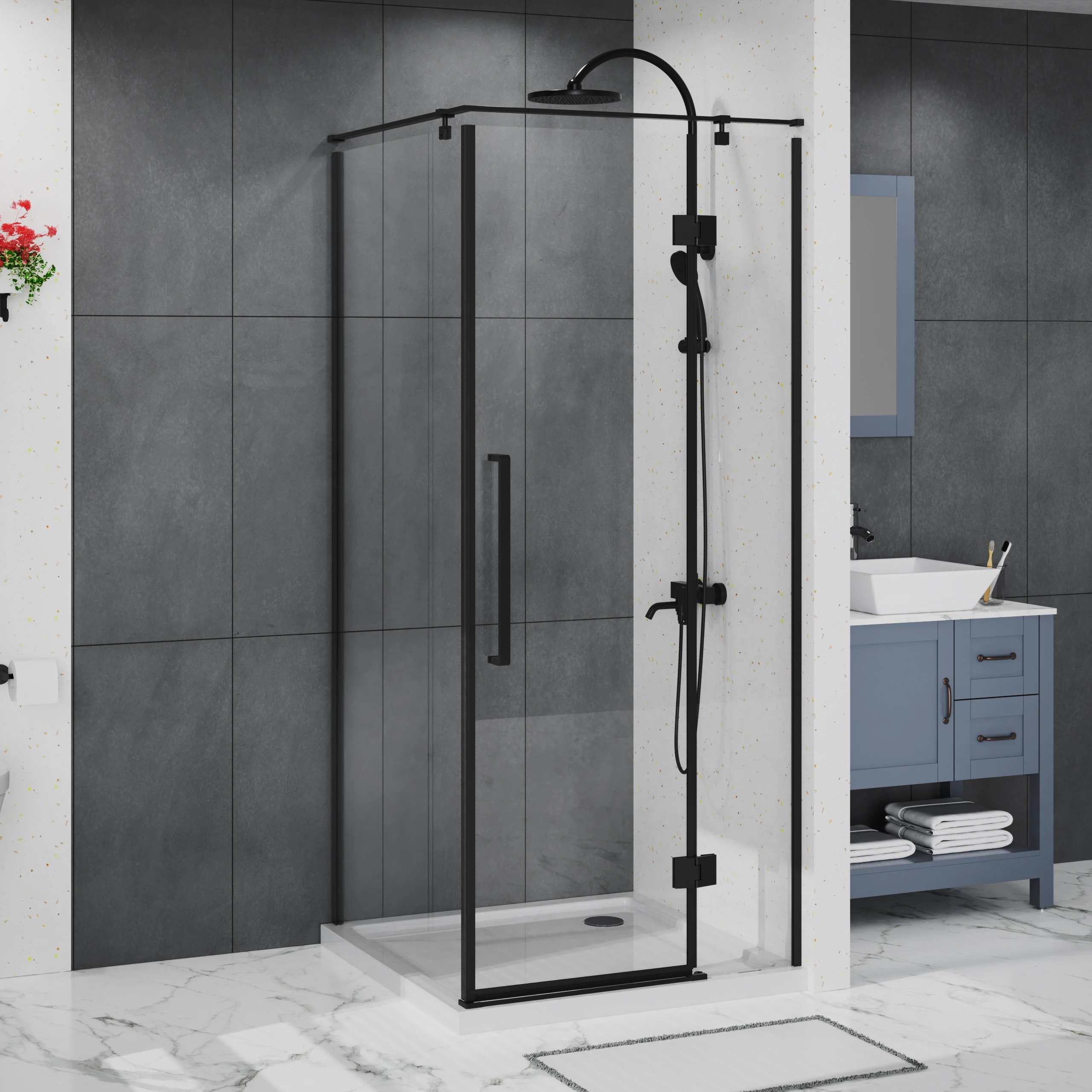 Black Hinged Shower Modern Glass Door with Special Top Support bar ...