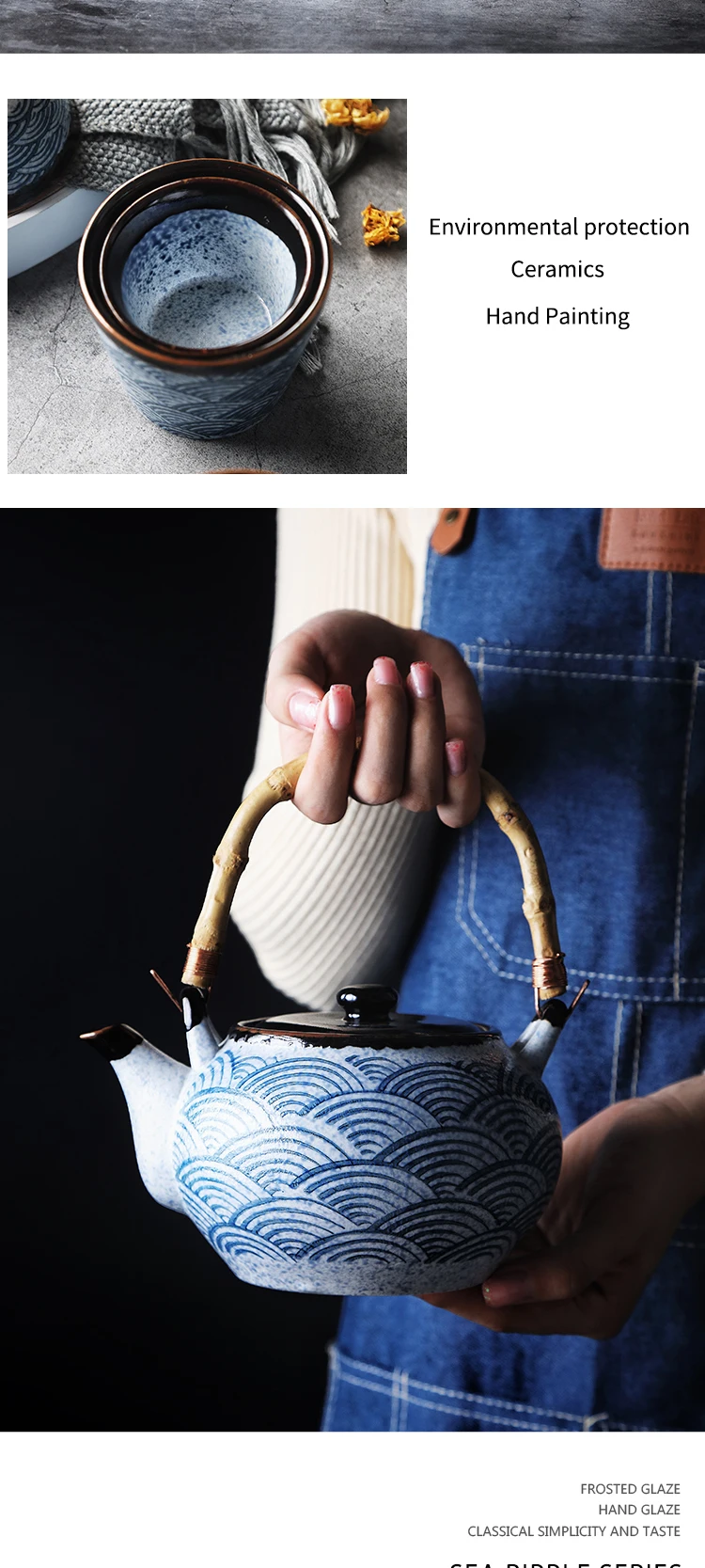 Vintage Style Drinkware Tea Cups Porcelain Tea Pot Blue White Japanese ...