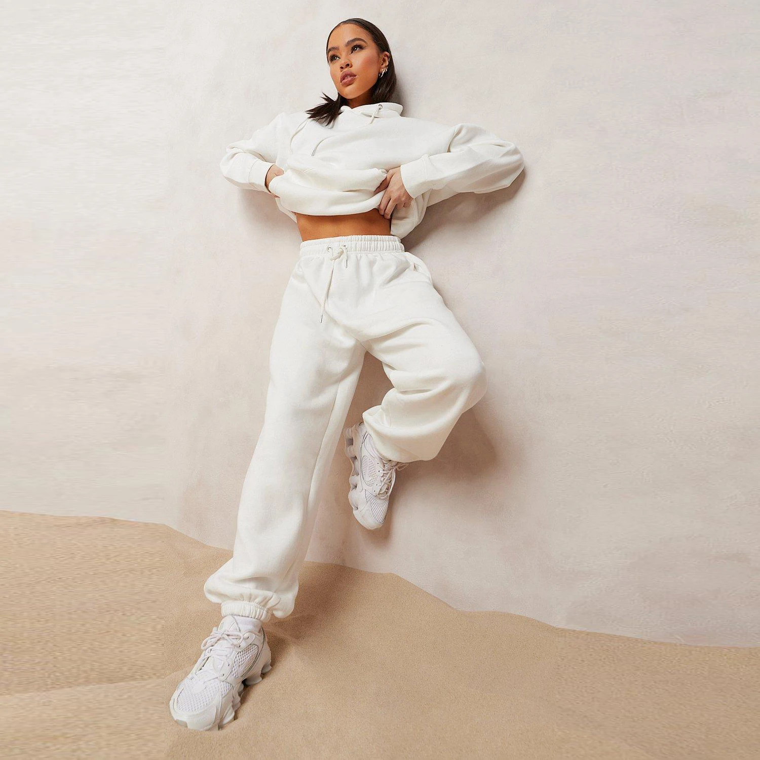 Fall Winter Thick Fleece Stacked Women 2 Pcs Set Sweatpants And Hoodie ...