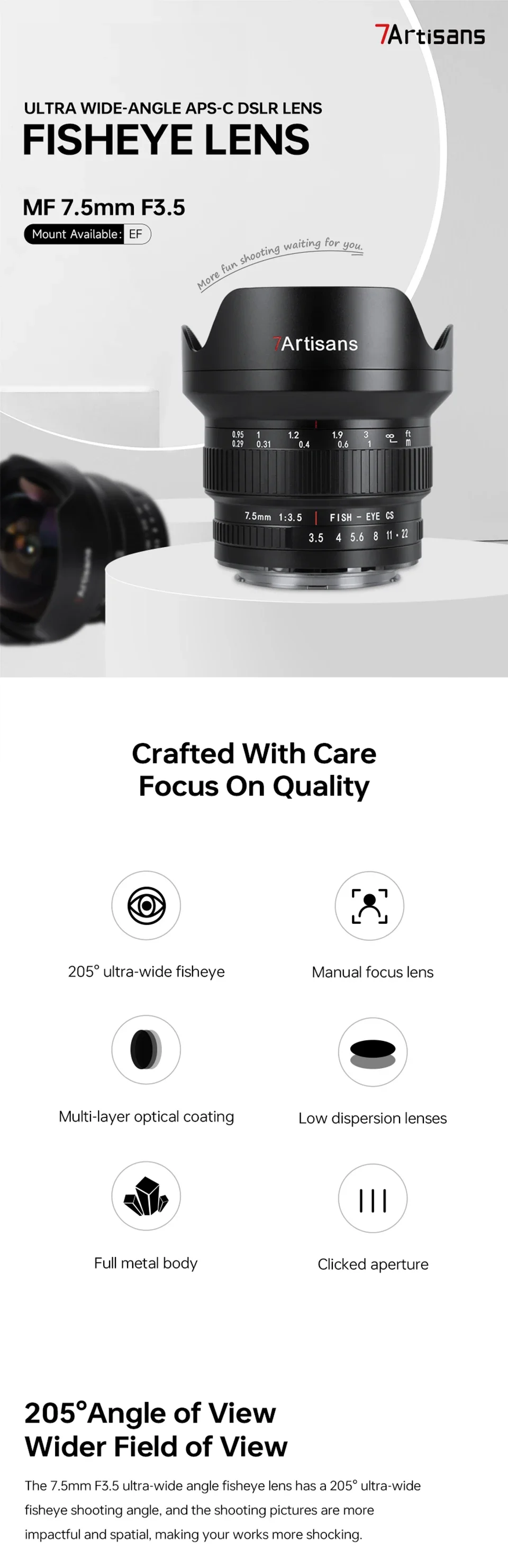 7artisans 7.5mm F3.5 Aps-c Ultra Wide Angle Manual Focus Fisheye Lens ...