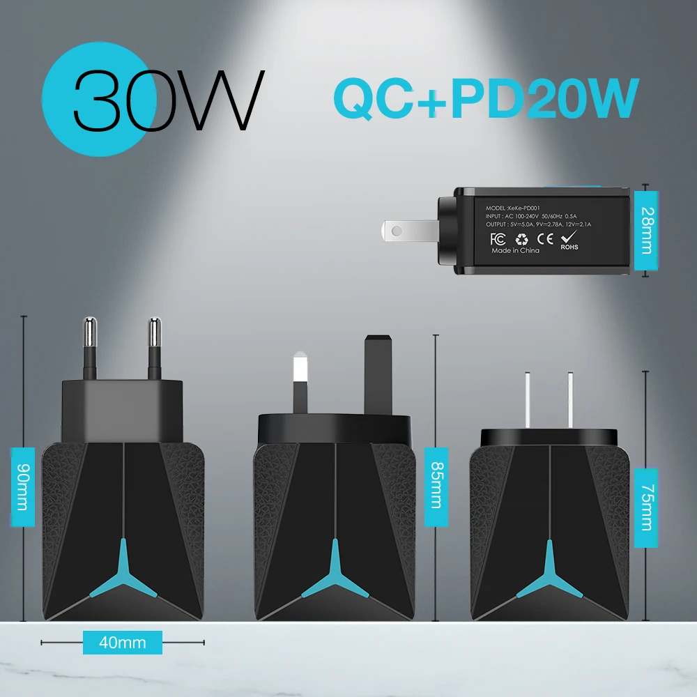 Fast Charging with QC3.0 30W USB Wall Charger & PD 20W Adapter