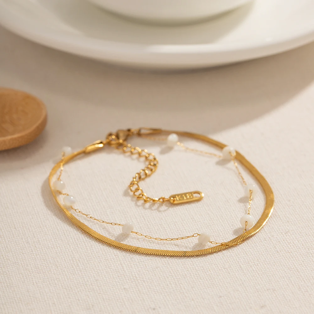 J&d Luxury Stainless Steel Gold Round Shell Pearl Snake Anklet Blade Flat Encryption Chain ...