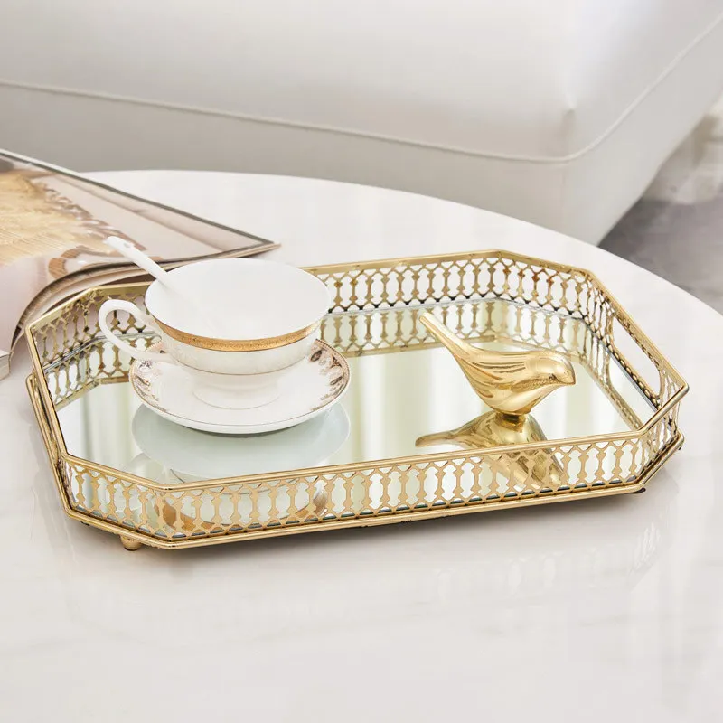 Wholesale Glass Mirror Gold Luxury Tray With Metal Frame Round Rectangular Wedding Holiday ...