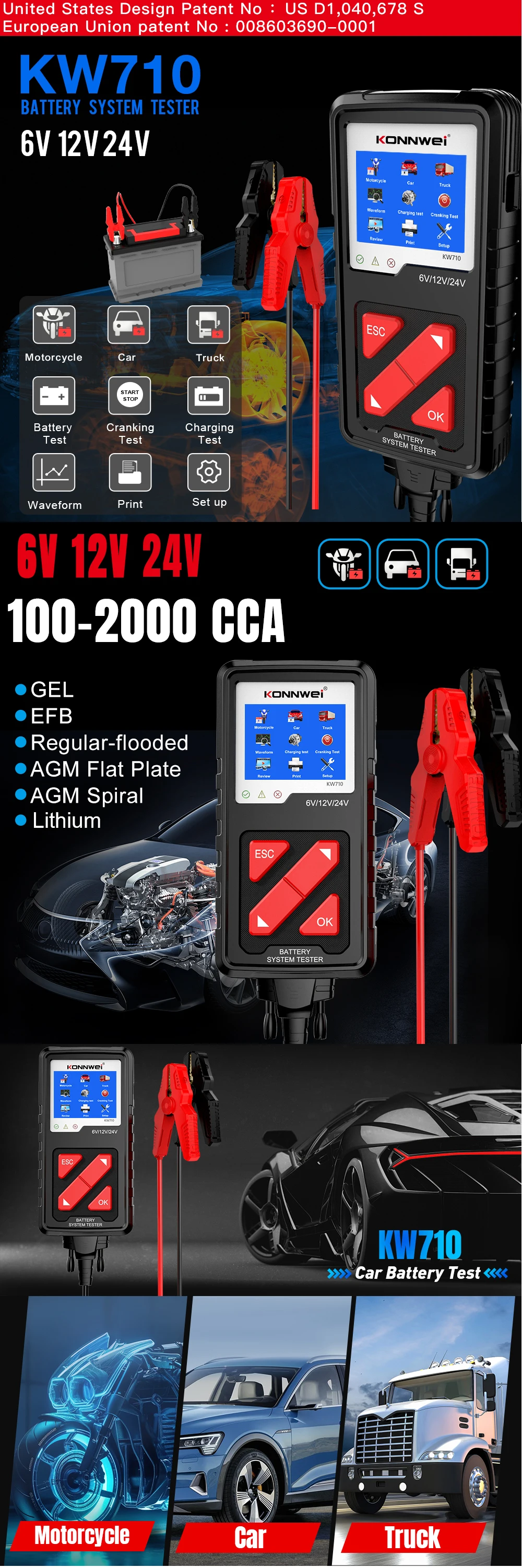 Vehicle Battery Health Tester KW710 6V 12V 24V Car Battery Tester ...