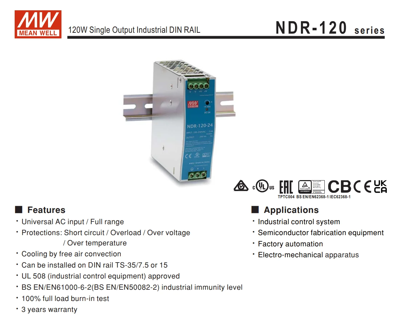 NDR-120-12 Mean Well Power Supply - 120W 12VDC Industrial DIN Rail
