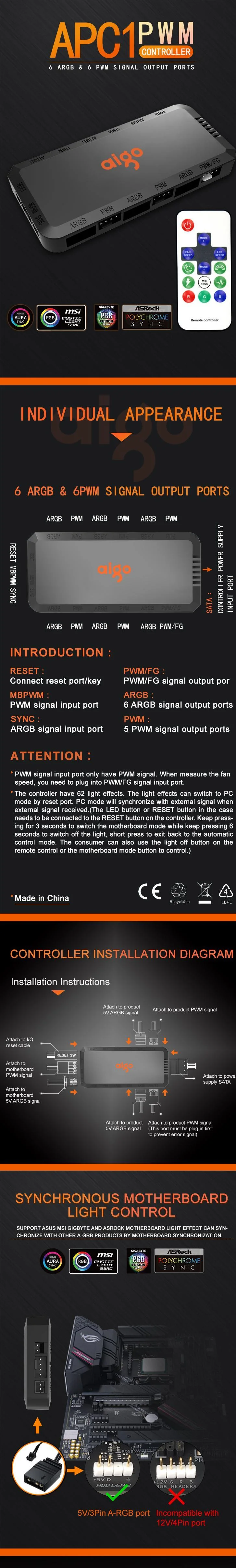 Aigo Apc1 4pin Pwm 6 Argb Ports 3pin 5v Speed Controller Universal ...