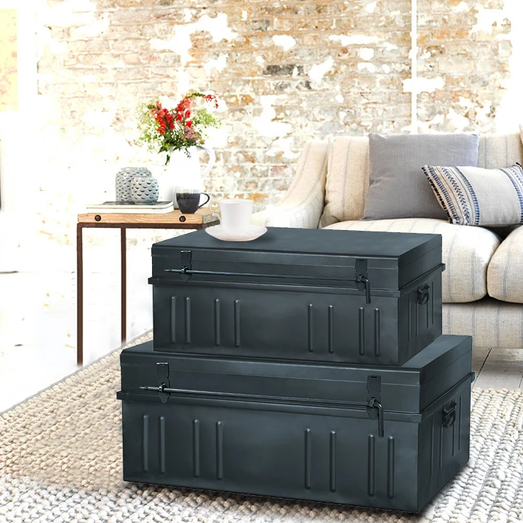 Set of 2 Black Metal Storage Trunks - Durable & Stylish