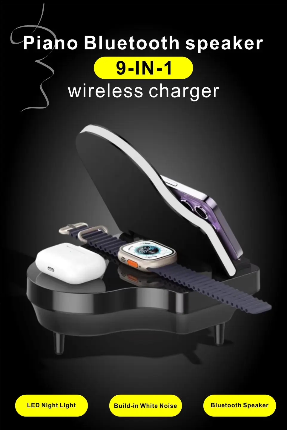 15W Wireless Charger 3 9 in 1 White Noise Machine Mini Portable Retro ...