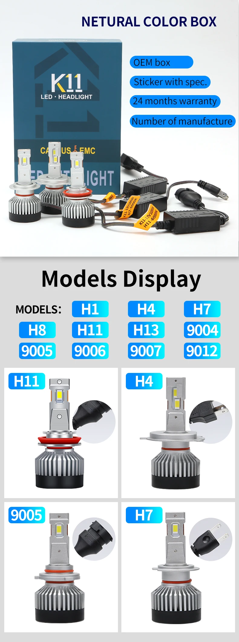 Car Led Light H4 H7 H11 9005 9006 K11 White Auto LED Headlight Bulb ...